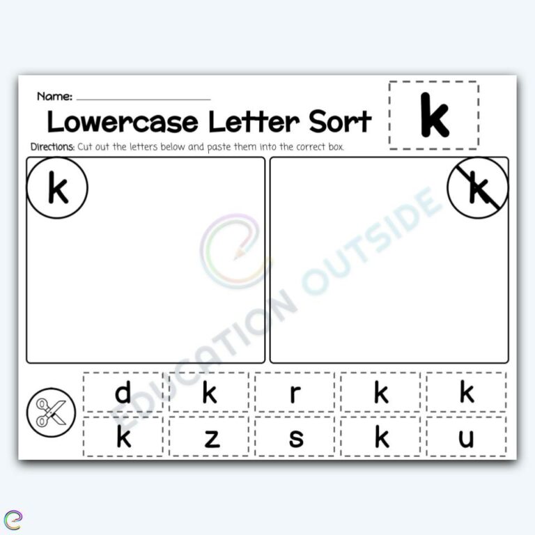 Lowercase Letter k - Cut, Paste, & Sort The Letters Worksheet