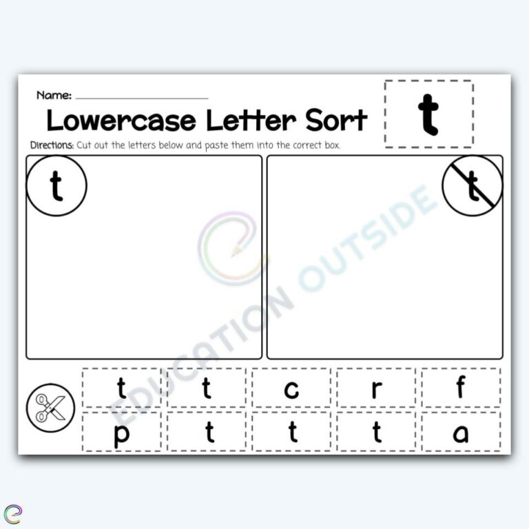 Lowercase Letter t - Cut, Paste, & Sort The Letters Worksheet