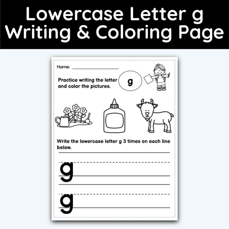 Lowercase Letter g - Writing Practice + Coloring Page