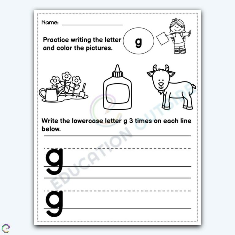 Lowercase Letter g - Writing Practice + Coloring Page