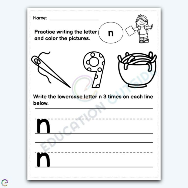 Lowercase Letter n - Writing Practice + Coloring Page