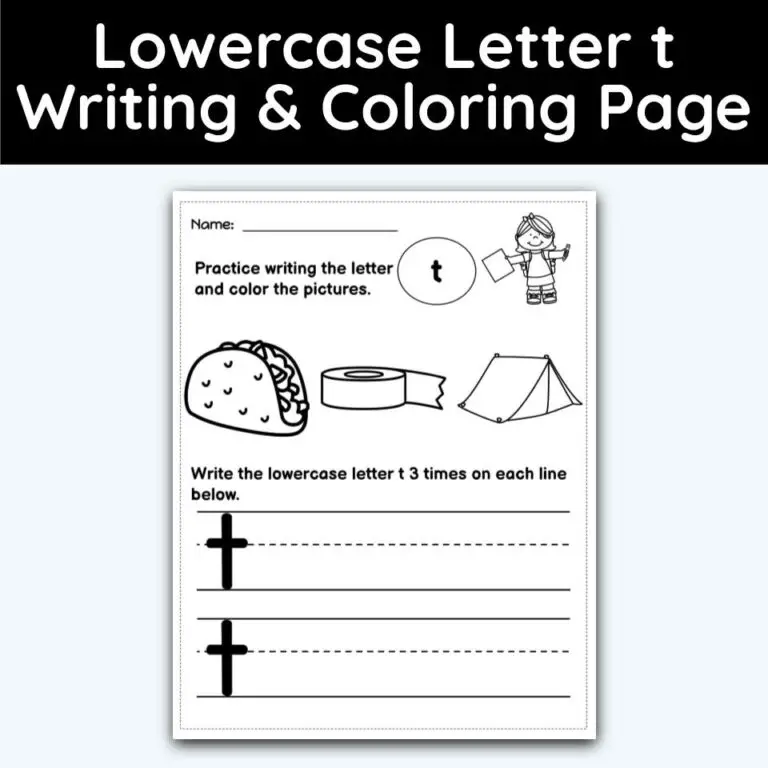 Lowercase Letter t - Writing Practice + Coloring Page