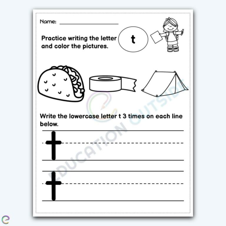 Lowercase Letter t - Writing Practice + Coloring Page