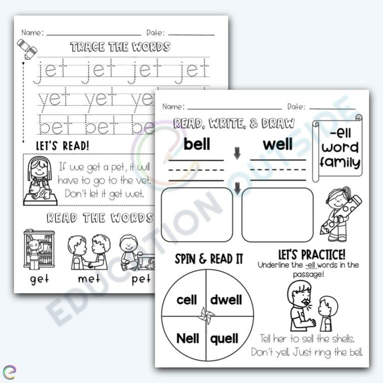 Short e Word Family Worksheets - 10 Unique Pages - Color and B&W Included!