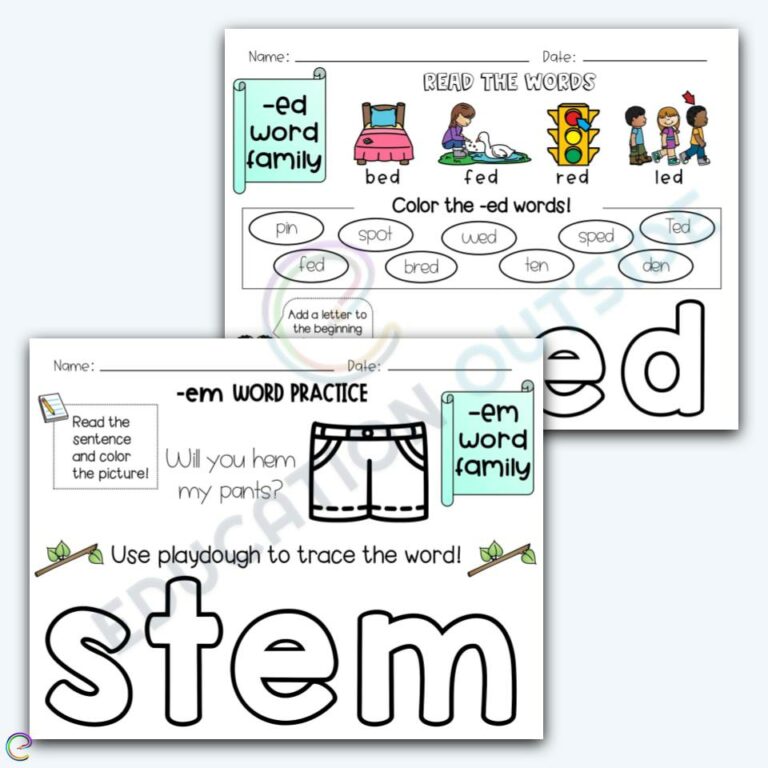 Short e Word Family Worksheets - 10 Unique Pages - Color and B&W Included!