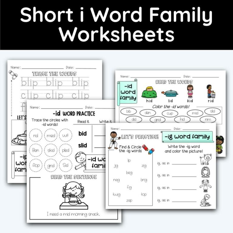 Short i Word Family Worksheets - 10 Unique Pages - Color and B&W Included!