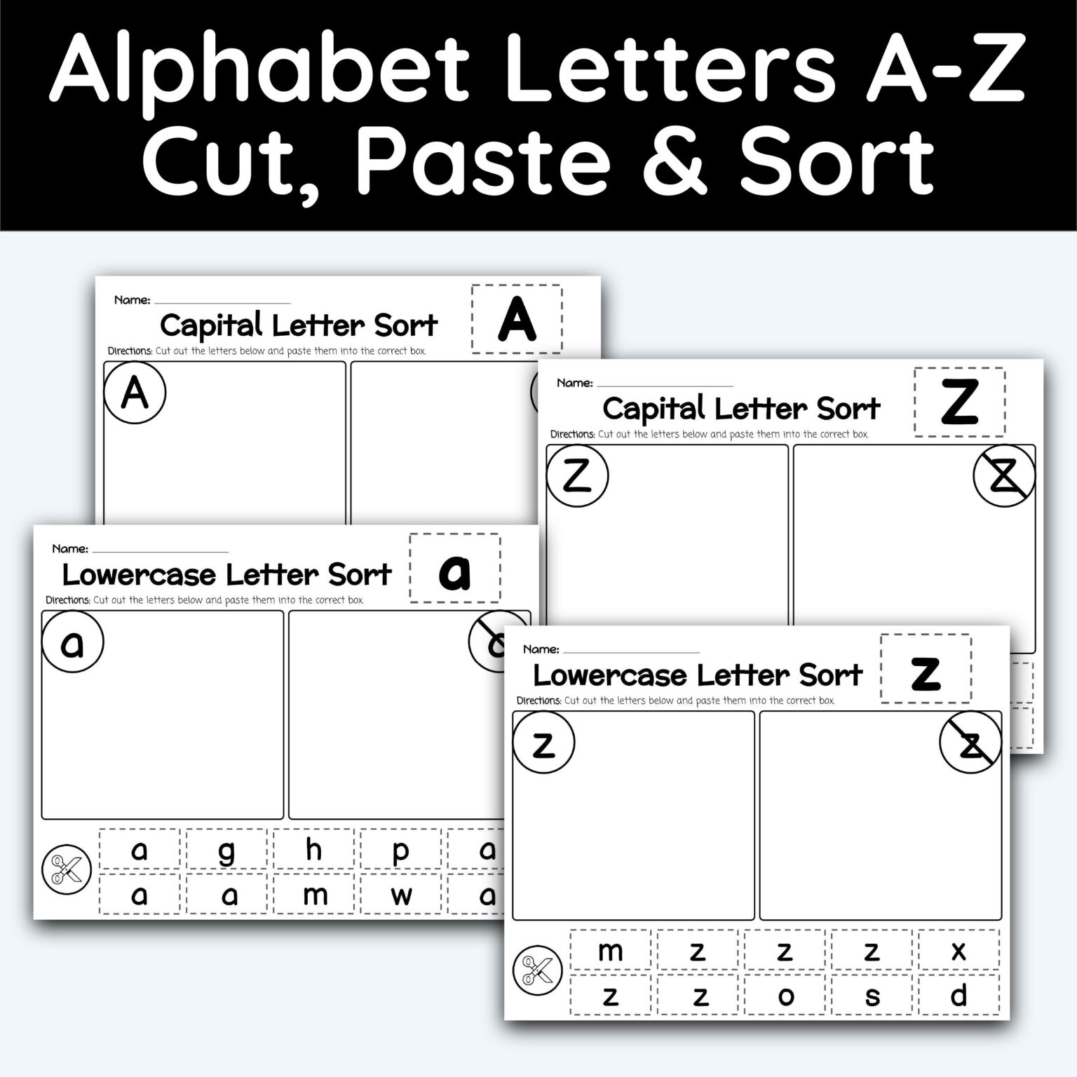 Alphabet Letters A-Z Cut, Paste, & Sort Worksheets - 52 Worksheets!