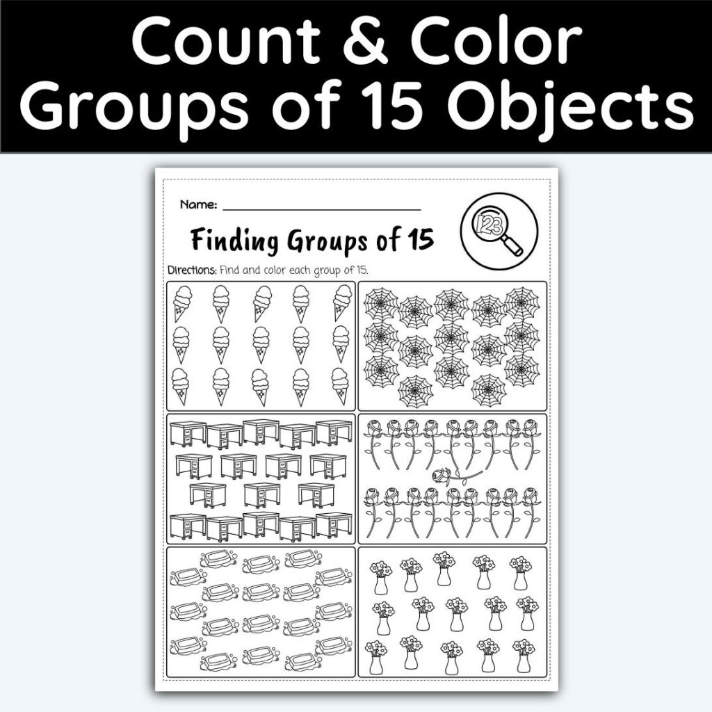 Number 15 Count and Color Groups Worksheet
