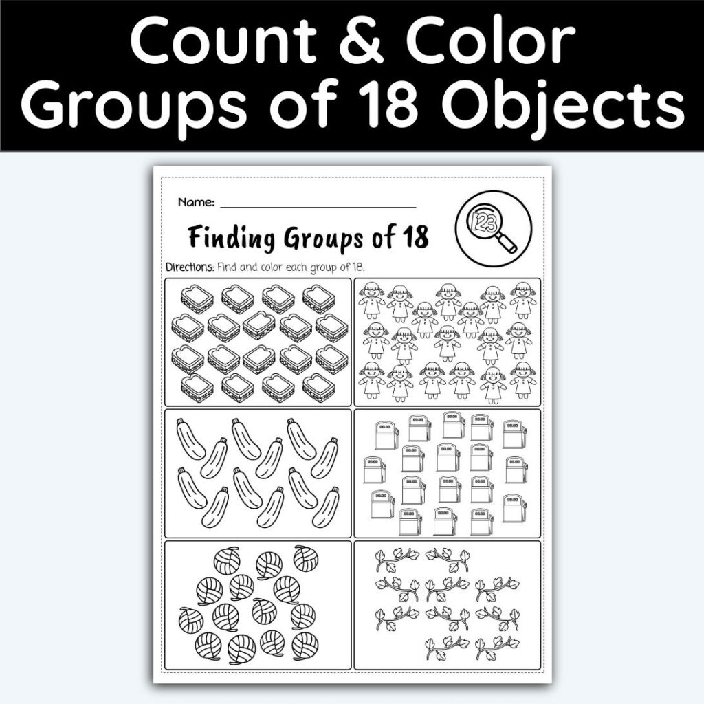 Number 18 Count and Color Groups Worksheet