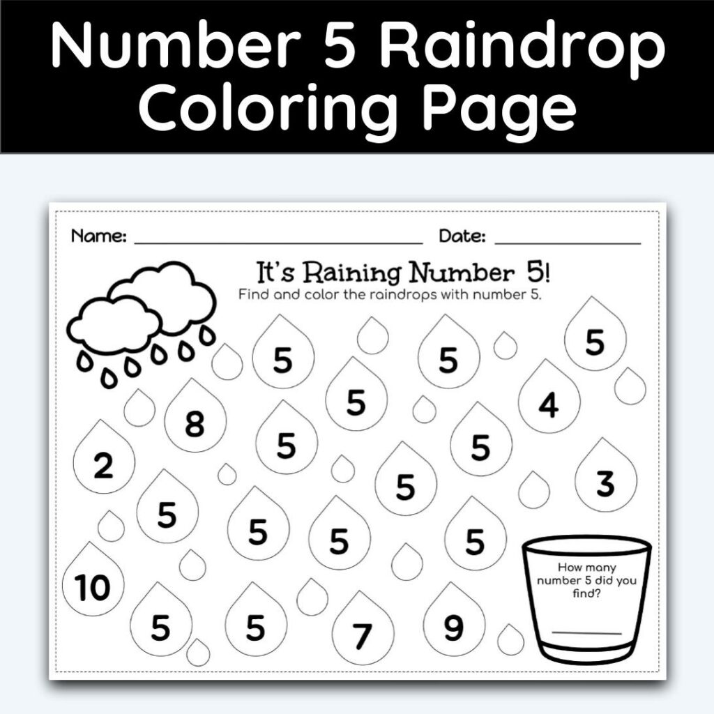 Number 5 Raindrop Coloring Page