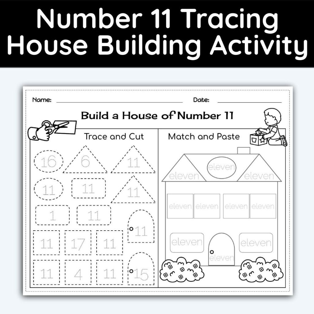 Number 11 Tracing - House Building Worksheet