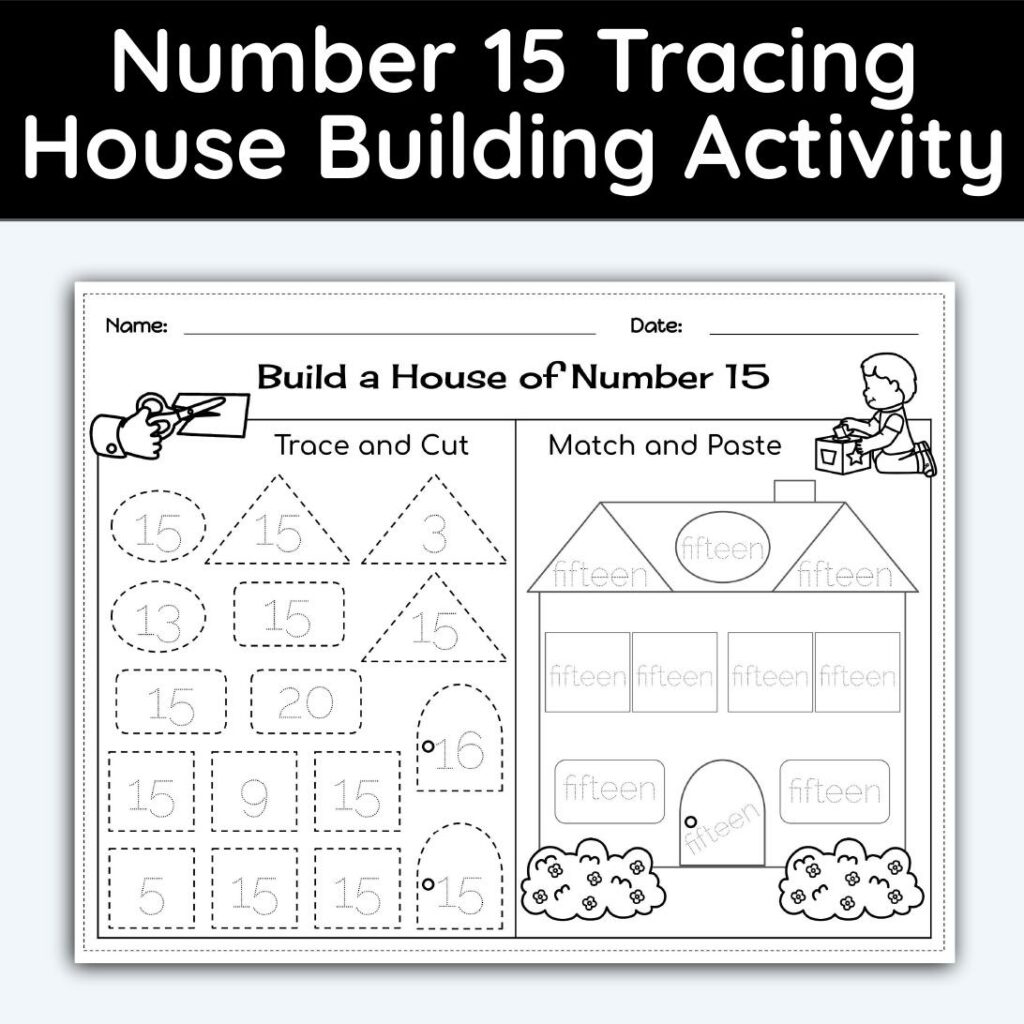 Number 15 Tracing - House Building Worksheet