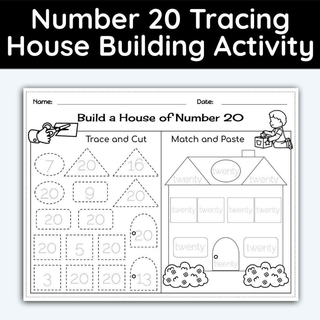Number 20 Tracing - House Building Worksheet