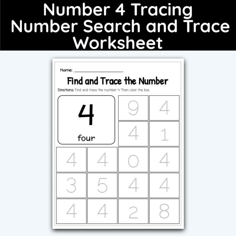 Number 4 Tracing - Number Search and Trace Worksheet