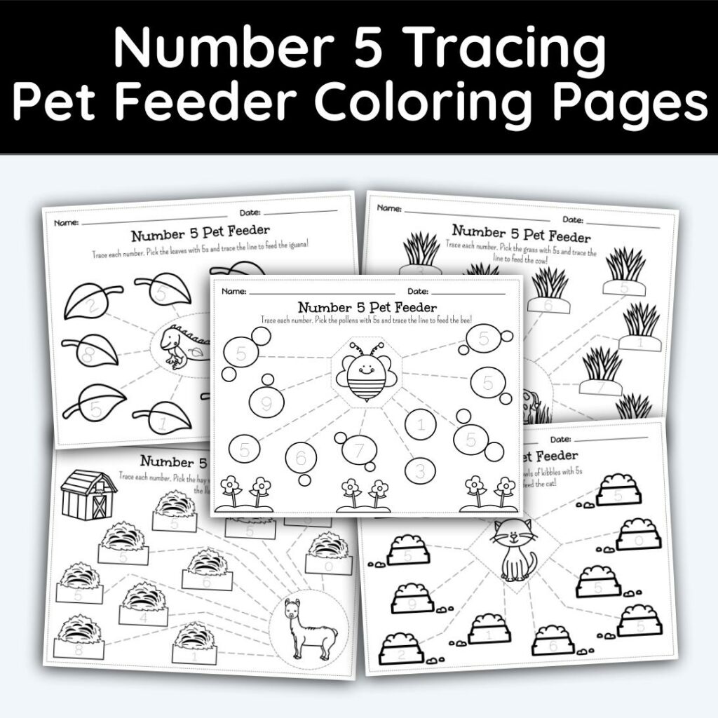 Number 5 Tracing - Pet Feeder Coloring Pages