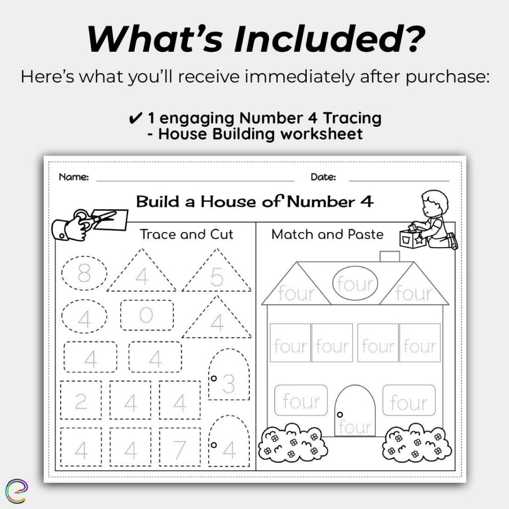 Number 4 Tracing - House Building Worksheet